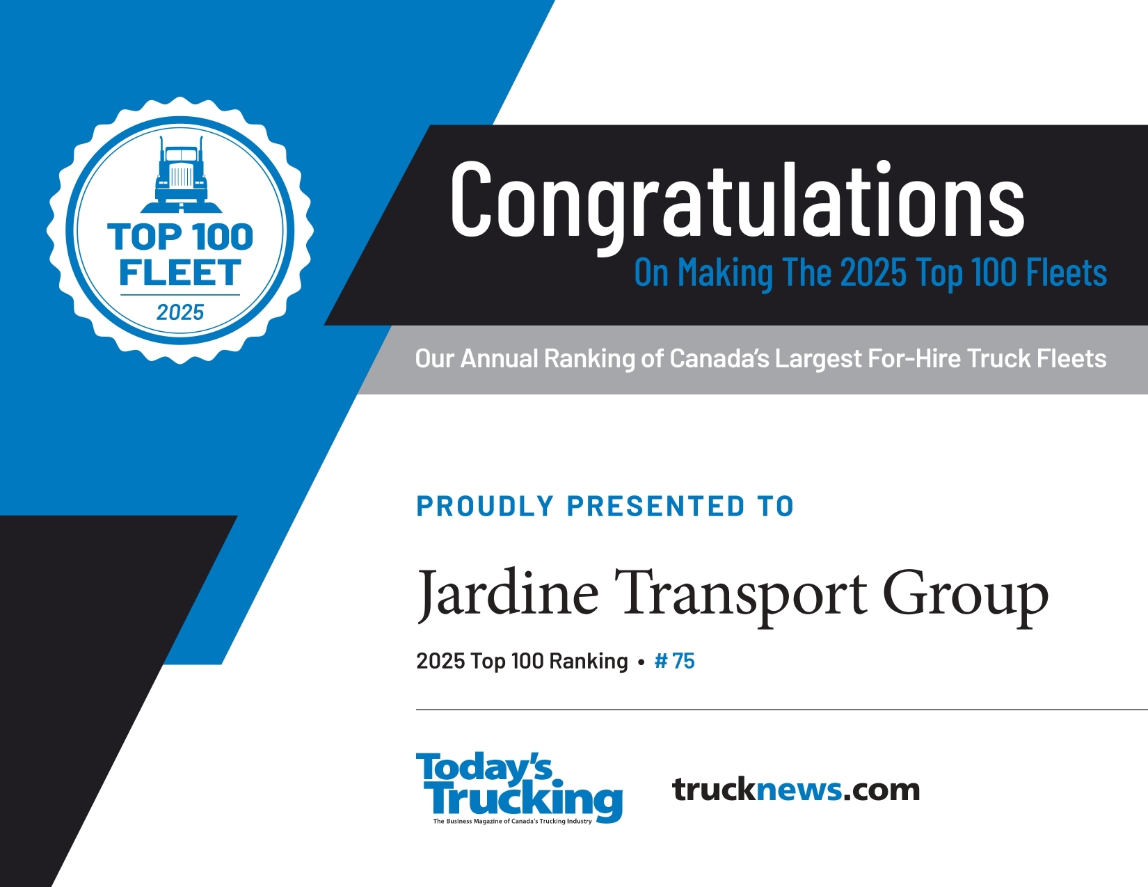 Jardine Transport Ranks #75 in Canada’s Top 100 Carriers
